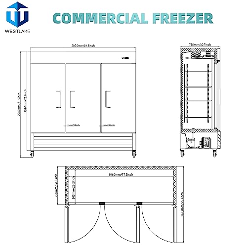 WESTLAKE 72"W Reach-in Commercial Freezer 3 Door 3 Section Stainless Steel Fan Cooling 54 Cu.ft Freezer for Restaurant, Bar, Shop, etc