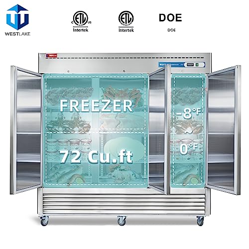 WESTLAKE 72"W Reach-in Commercial Freezer 3 Door 3 Section Stainless Steel Fan Cooling 54 Cu.ft Freezer for Restaurant, Bar, Shop, etc