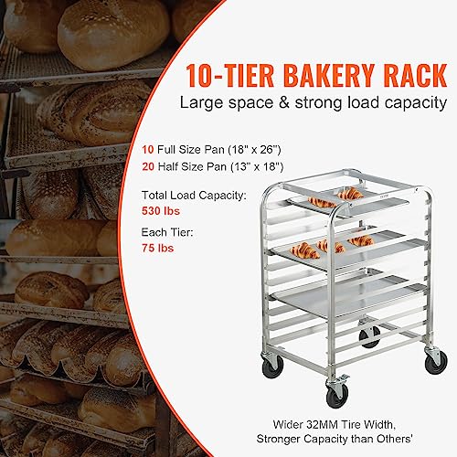 VEVOR Bun Pan Rack, 10-Tier Commercial Bakery Racks with Brake Wheels, Aluminum Racking Trolley Storage for Half & Full Sheet, Speed Rack For Kitchen Home, Bread Baking Equipment, 26"L x 20.3"W x 39"H