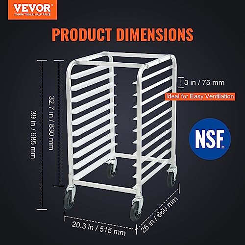 VEVOR Bun Pan Rack, 10-Tier Commercial Bakery Racks with Brake Wheels, Aluminum Racking Trolley Storage for Half & Full Sheet, Speed Rack For Kitchen Home, Bread Baking Equipment, 26"L x 20.3"W x 39"H