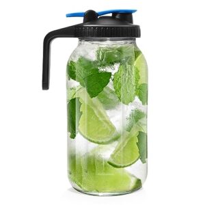 glass pitcher with lid, 2 quart(64oz) mason jar pitcher with pour spout handle lid, large wide mouth jar leak-proof airtight water jug for sun tea, juice, milk, tea, lemonade, coffee, drinks