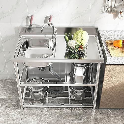 Stainless Steel Kitchen Sink Utility Sink Single Bowl Freestanding Outdoor Sinks with Faucet, Drainboard Workbench, Storage Shelves, Industrial Sink for Garage,Restaurant - 3 Sizes (Size : 35.5in)