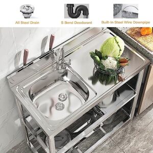 Stainless Steel Kitchen Sink Utility Sink Single Bowl Freestanding Outdoor Sinks with Faucet, Drainboard Workbench, Storage Shelves, Industrial Sink for Garage,Restaurant - 3 Sizes (Size : 35.5in)