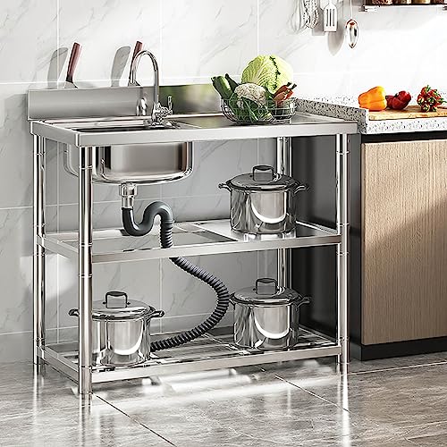 Stainless Steel Kitchen Sink Utility Sink Single Bowl Freestanding Outdoor Sinks with Faucet, Drainboard Workbench, Storage Shelves, Industrial Sink for Garage,Restaurant - 3 Sizes (Size : 35.5in)