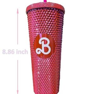 CAKEASY 2Pcs Barbi Studded Tumbler, Bling Bling Pink Barbi Cup, 24oz Barbi Land Water Bottle With Straw, Barbe The Movie Merch, Cupholder Friendly, Women Men Travel Mug for Home, Office, Outdoor