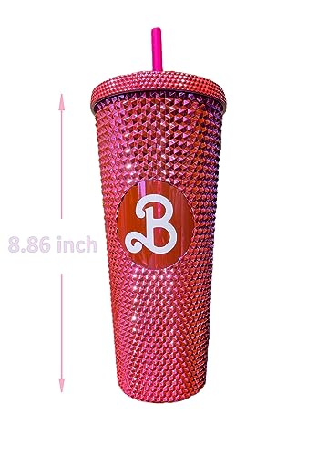 CAKEASY 2Pcs Barbi Studded Tumbler, Bling Bling Pink Barbi Cup, 24oz Barbi Land Water Bottle With Straw, Barbe The Movie Merch, Cupholder Friendly, Women Men Travel Mug for Home, Office, Outdoor