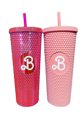 CAKEASY 2Pcs Barbi Studded Tumbler, Bling Bling Pink Barbi Cup, 24oz Barbi Land Water Bottle With Straw, Barbe The Movie Merch, Cupholder Friendly, Women Men Travel Mug for Home, Office, Outdoor