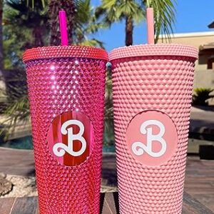 CAKEASY 2Pcs Barbi Studded Tumbler, Bling Bling Pink Barbi Cup, 24oz Barbi Land Water Bottle With Straw, Barbe The Movie Merch, Cupholder Friendly, Women Men Travel Mug for Home, Office, Outdoor