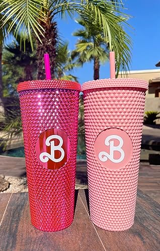 CAKEASY 2Pcs Barbi Studded Tumbler, Bling Bling Pink Barbi Cup, 24oz Barbi Land Water Bottle With Straw, Barbe The Movie Merch, Cupholder Friendly, Women Men Travel Mug for Home, Office, Outdoor