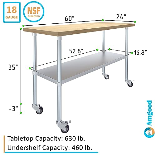 AmGood 24" x 60" Maple Wood Top Work Table with Adjustable Undershelf with Wheels