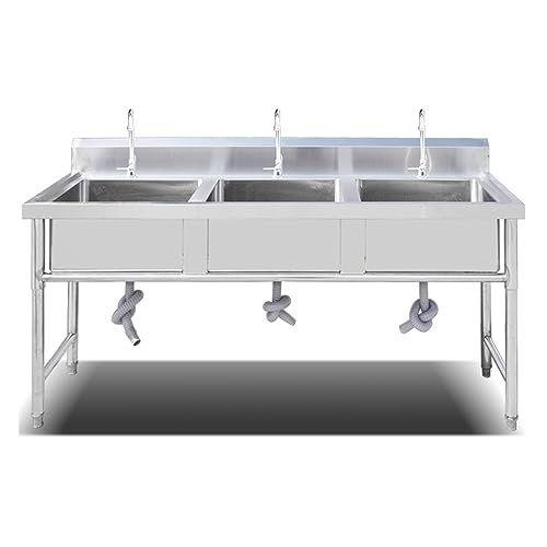 Free Standing Stainless-Steel Three Bowl Kitchen Sink,3 Compartment Restaurant Kitchen Prep & Utility Sink,Free Standing Utility Sink For Garage,Restaurant,Kitchen,Laundry Room(145cm/57in)