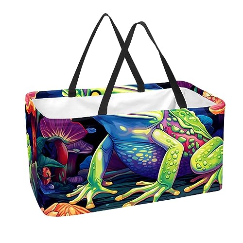 Reusable Grocery Bags Boxes Storage Basket, Red Eye Frog Pattern Collapsible Utility Tote Bags with Long Handle