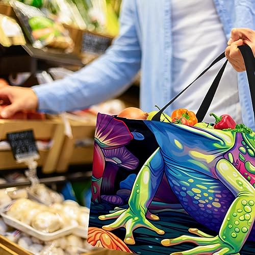 Reusable Grocery Bags Boxes Storage Basket, Red Eye Frog Pattern Collapsible Utility Tote Bags with Long Handle