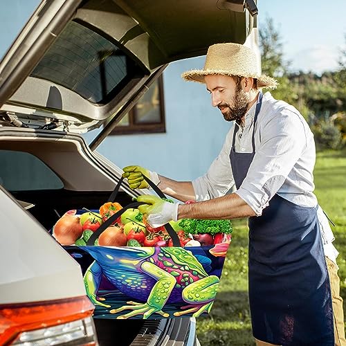 Reusable Grocery Bags Boxes Storage Basket, Red Eye Frog Pattern Collapsible Utility Tote Bags with Long Handle