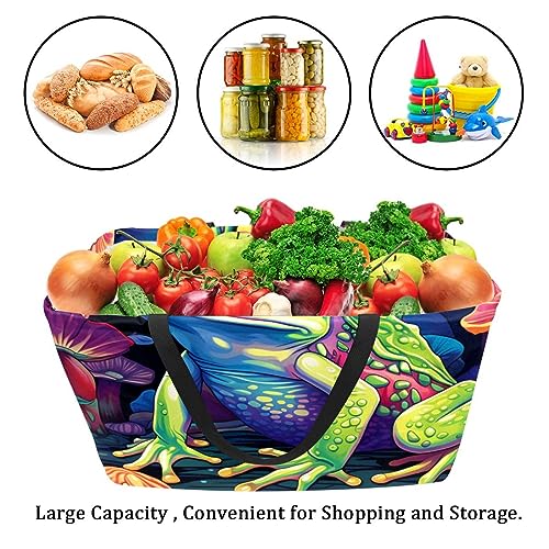 Reusable Grocery Bags Boxes Storage Basket, Red Eye Frog Pattern Collapsible Utility Tote Bags with Long Handle