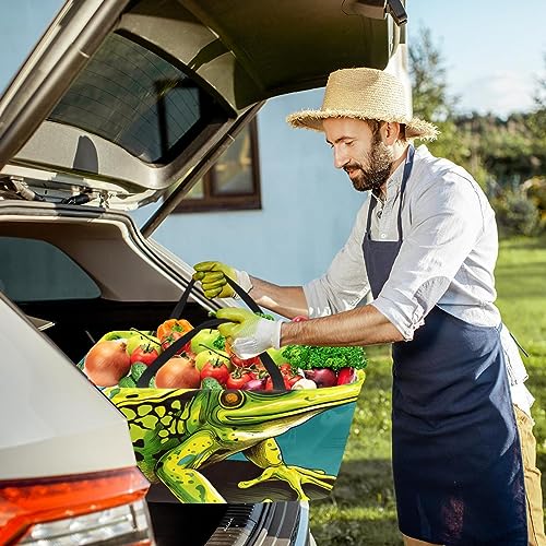 Reusable Grocery Bags Boxes Storage Basket, Red Eye Frog Pattern Collapsible Utility Tote Bags with Long Handle