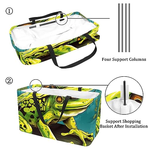 Reusable Grocery Bags Boxes Storage Basket, Red Eye Frog Pattern Collapsible Utility Tote Bags with Long Handle