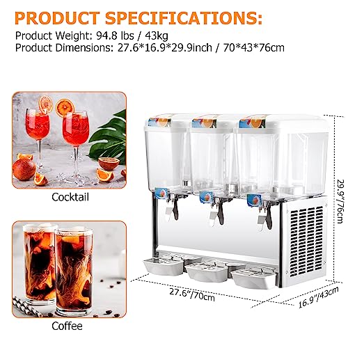 Refrigerated Beverage Dispenser, Commercial Beverage Dispenser Machine 14.25 Gallon 54L 3 Tanks Ice Tea Drink Dispenser, 380W Stainless Steel Beverage Dispenser with Thermostat Controller