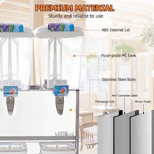 Refrigerated Beverage Dispenser, Commercial Beverage Dispenser Machine 14.25 Gallon 54L 3 Tanks Ice Tea Drink Dispenser, 380W Stainless Steel Beverage Dispenser with Thermostat Controller