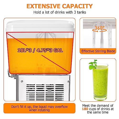 Refrigerated Beverage Dispenser, Commercial Beverage Dispenser Machine 14.25 Gallon 54L 3 Tanks Ice Tea Drink Dispenser, 380W Stainless Steel Beverage Dispenser with Thermostat Controller