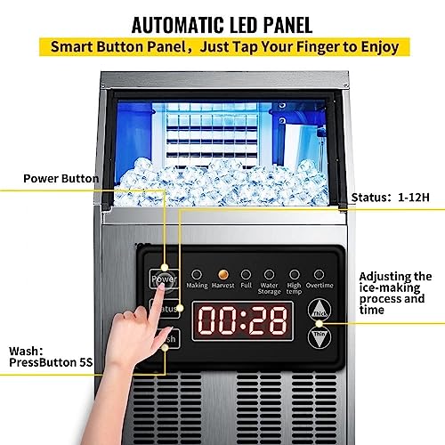 Stainless Steel Under Counter Ice Maker Machine with 33LB Bin, Automatic Operation, Water Filter, Scoop, Connection Hose - Makes 120-130LBS/24H - Perfect for Home Bar, Restaurant, and Office Use