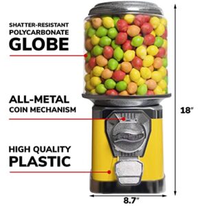 Gumball Machine for Kids - Yellow Vending Machine with Stand and Cylinder Globe - Bubble Gum Vending Machine and Black Metal Stand Bundle - Coin Gumball Machine