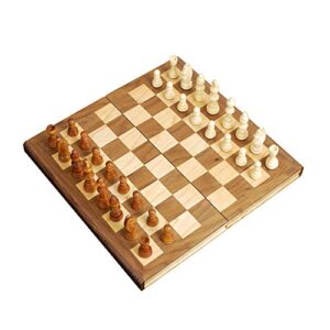 sterling games 12" wooden chess set portable travel folding board with magnetic closure and felted interior piece holder storage