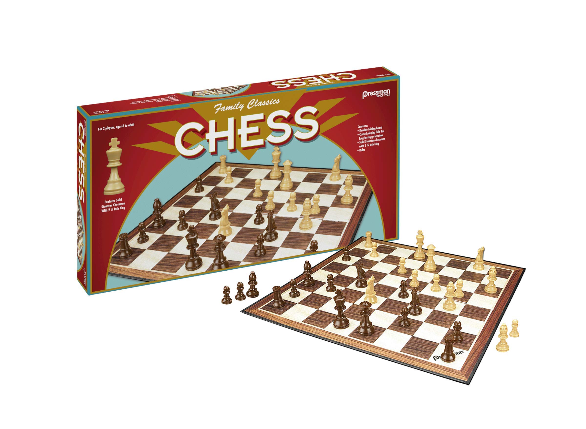 Family Classics Chess by Pressman - with Folding Board and Full Size Chess Pieces