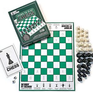 Bobby Fischer® Learn to Play Chess Set Board Game, Easy to Understand - How to Play Chess Book, 34 Plastic Staunton Chess Pieces, Folding Illustrated Chess Board, Family Games for Kids and Adults