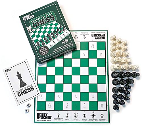 Bobby Fischer® Learn to Play Chess Set Board Game, Easy to Understand - How to Play Chess Book, 34 Plastic Staunton Chess Pieces, Folding Illustrated Chess Board, Family Games for Kids and Adults