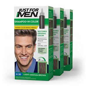 just for men shampoo-in color (formerly original formula), mens hair color with keratin and vitamin e for stronger hair - light-medium brown, h-30, pack of 3