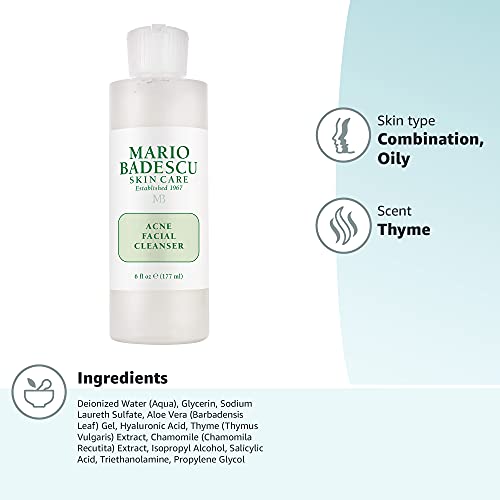 Mario Badescu Acne Facial Cleanser for Combination & Oily Skin, Oil-Free Face Wash with Salicylic Acid & Aloe Vera, Deep Pore Clean, 6 Fl Oz (Pack of 1)