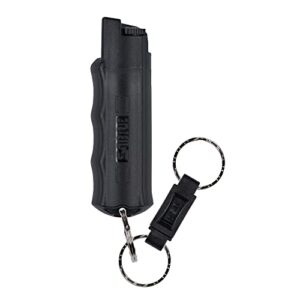 sabre pepper spray, quick release keychain for easy carry and fast access, finger grip for more accurate and faster aim, maximum police strength oc spray, 25 bursts, secure and easy to use safety