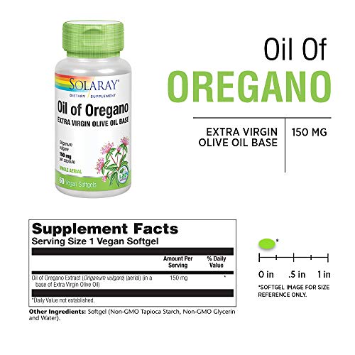 SOLARAY Oil of Oregano 150 mg | Extra Virgin Olive Oil Base | Whole Aerial | Healthy Immune & Intestinal Flora Support | Vegan & Non-GMO | 60 Softgels