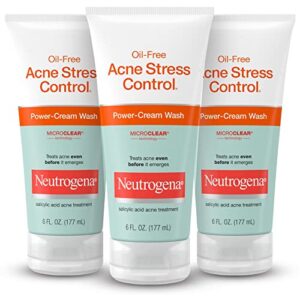 neutrogena oil-free acne stress control power-cream face wash with 2% salicylic acid acne treatment medication, soothing daily acne facial cleanser for acne-prone skin care, 6 fl. oz