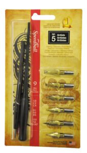 speedball no. 5 artists pen set - 2 penholders w/ 6 nibs, 3 pen tips