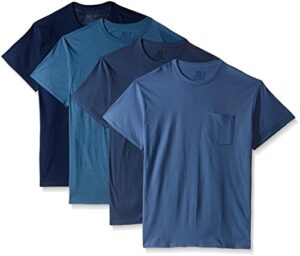 fruit of the loom men's pocket crew neck t-shirt (pack of 4), assorted blues, large