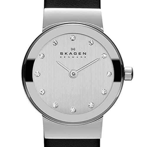 Skagen Women's Freja Stainless Steel Analog-Quartz Watch with Leather Calfskin Strap, Black, 12 (Model: 358XSSLBC)