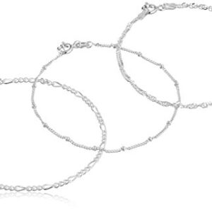 Amazon Collection .925 Sterling Silver Figaro, Bead Station and Singapore Chain Bracelet Set size 7'