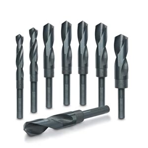 hiltex 10005 jumbo silver & deming drill bit set, 8 piece, 1/2" inch shank industrial large drill bit set 9/16” drill bit to 1" drill bit, metal drill bits for steel, reduced shank drill press bits