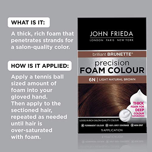 John Frieda Precision Foam Color, Light Natural Brown 6N, Full-coverage Hair Color Kit, with Thick Foam for Deep Color Saturation