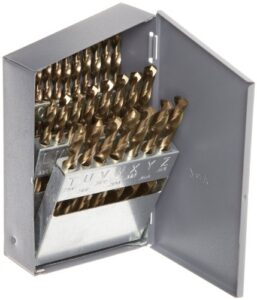 chicago latrobe 550 series cobalt steel jobber length drill bit set with metal case, gold oxide finish, 135 degree split point, letter size, 26-piece, a - z