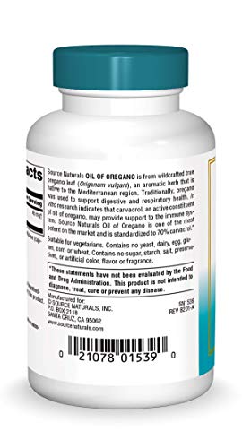 Source Naturals Wellness Oil of Oregano - Standardized to 70% Carvacrol - 60 Vegetarian Capsules