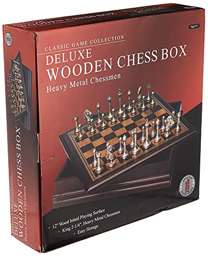 Classic Game Collection Metal Chess Set with Deluxe Wood Board and Storage - 2.5" King, Gold/Silver/Brown (985)