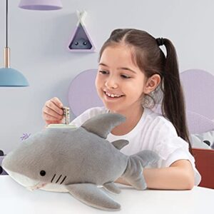 DolliBu Gray Shark Plush Huggie Bank - Super Soft Stuffed Animal Money Bank Savings Storage for Little Kids, Cute & Fluffy Fun Coin Bank Toy, Wildlife Plush Piggy Bank for Girls & Boys - 9 Inch