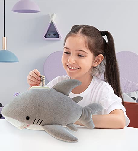 DolliBu Gray Shark Plush Huggie Bank - Super Soft Stuffed Animal Money Bank Savings Storage for Little Kids, Cute & Fluffy Fun Coin Bank Toy, Wildlife Plush Piggy Bank for Girls & Boys - 9 Inch