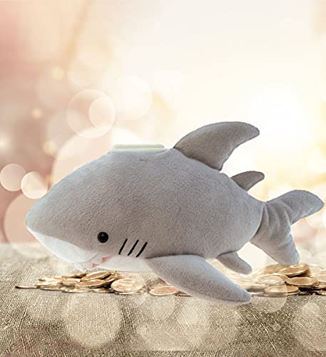 DolliBu Gray Shark Plush Huggie Bank - Super Soft Stuffed Animal Money Bank Savings Storage for Little Kids, Cute & Fluffy Fun Coin Bank Toy, Wildlife Plush Piggy Bank for Girls & Boys - 9 Inch