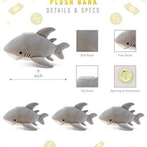 DolliBu Gray Shark Plush Huggie Bank - Super Soft Stuffed Animal Money Bank Savings Storage for Little Kids, Cute & Fluffy Fun Coin Bank Toy, Wildlife Plush Piggy Bank for Girls & Boys - 9 Inch