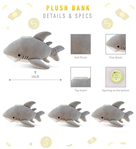 DolliBu Gray Shark Plush Huggie Bank - Super Soft Stuffed Animal Money Bank Savings Storage for Little Kids, Cute & Fluffy Fun Coin Bank Toy, Wildlife Plush Piggy Bank for Girls & Boys - 9 Inch