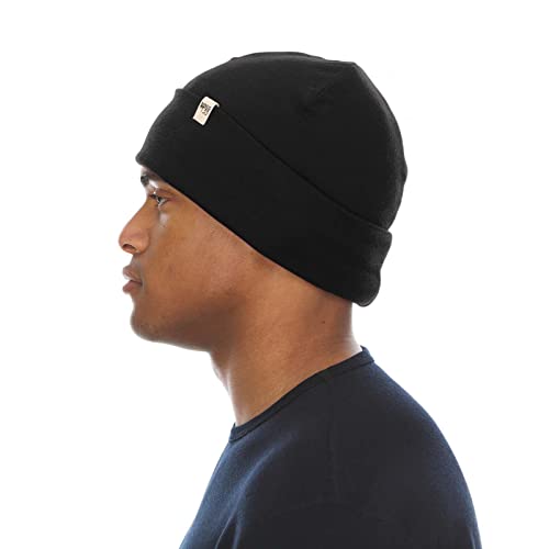 100% Merino Wool Ridge Cuff Beanie - Unisex Warm Winter Hat - Black